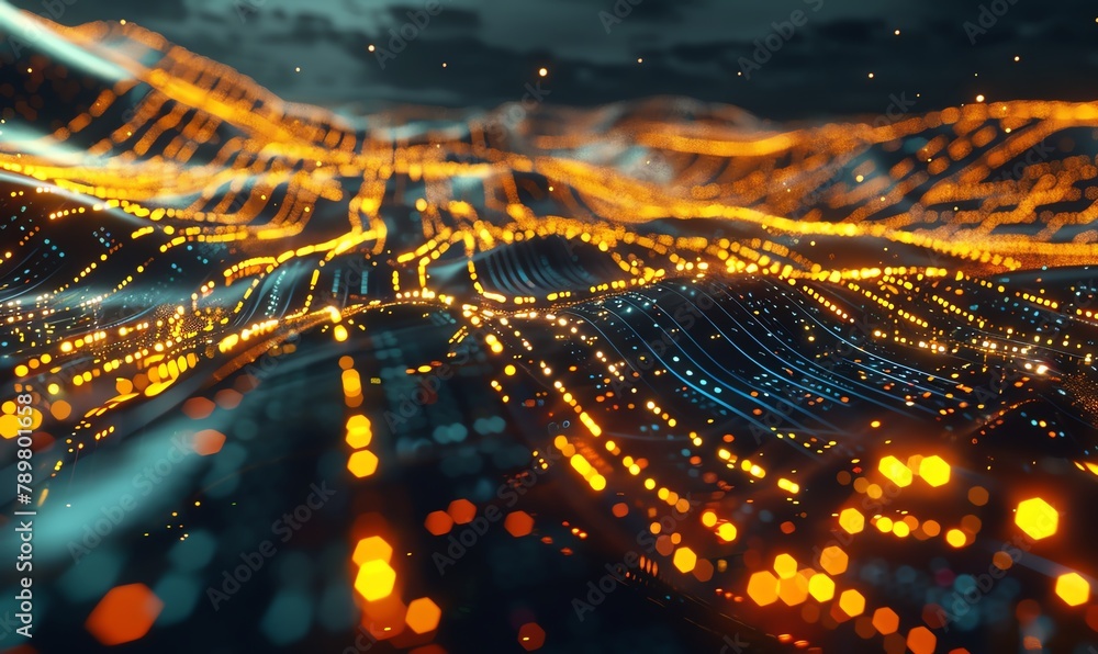 Illustrate a futuristic landscape filled with vibrant digital nodes ...