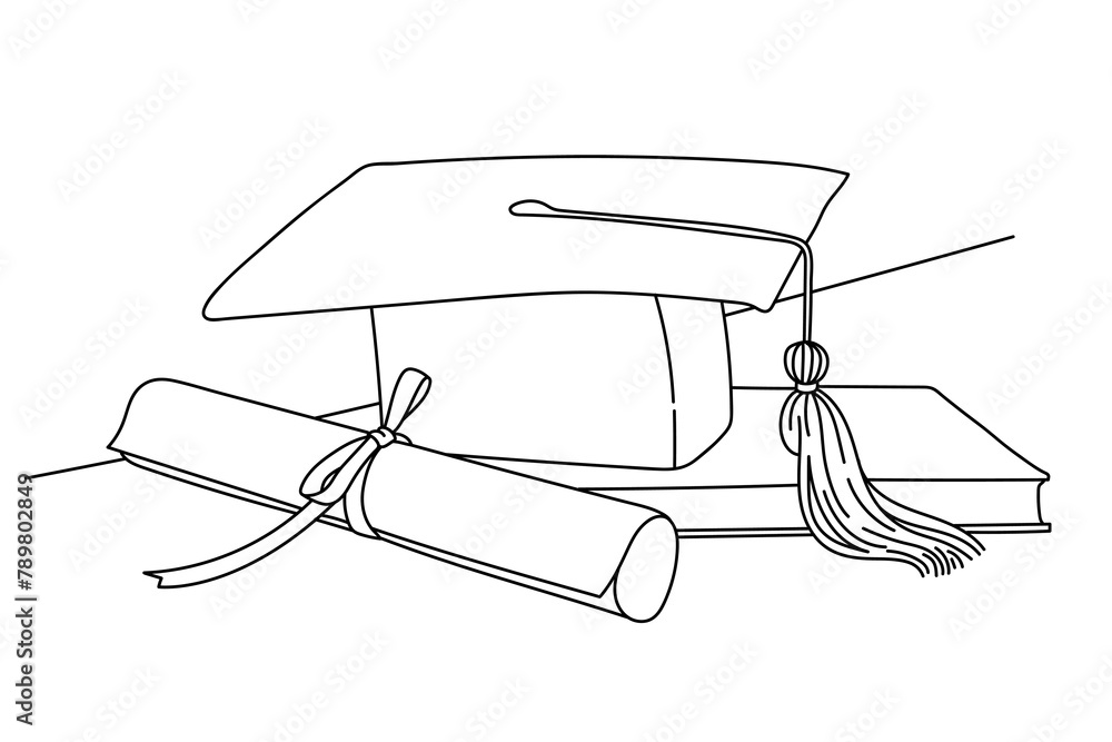 Graduation cap png scroll line art illustration, transparent background ...