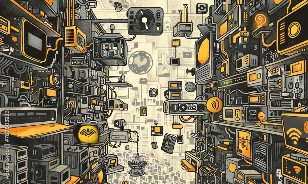 Illustrate a whimsical pen and ink interpretation of an IoT ...