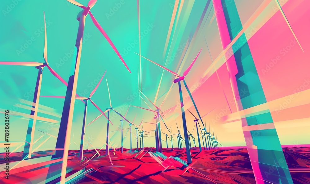 Illustrate a wind turbine field with a unique twisted perspective using ...