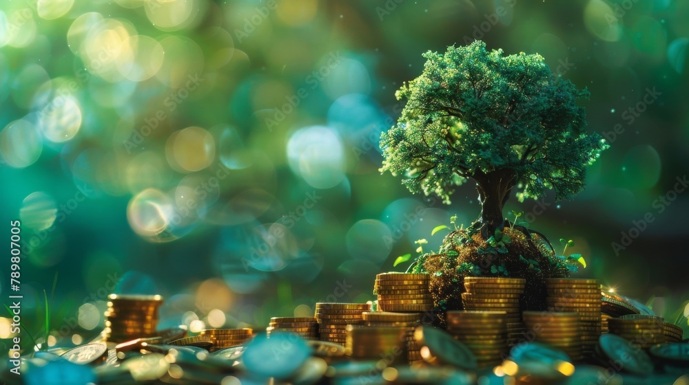The image shows a tree growing out of a pile of gold coins, with a ...