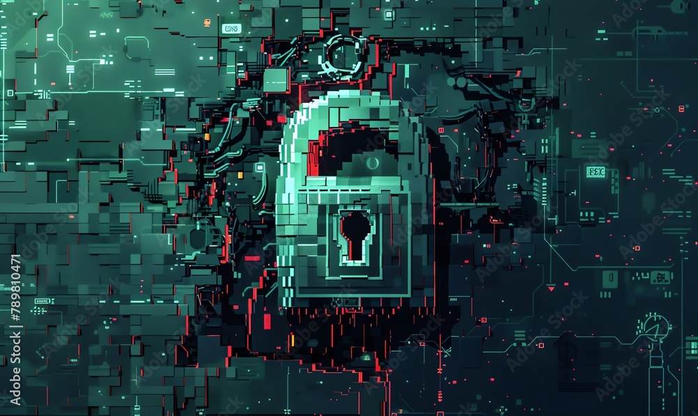 Produce a pixel art representation of a digital lock being cracked by ...