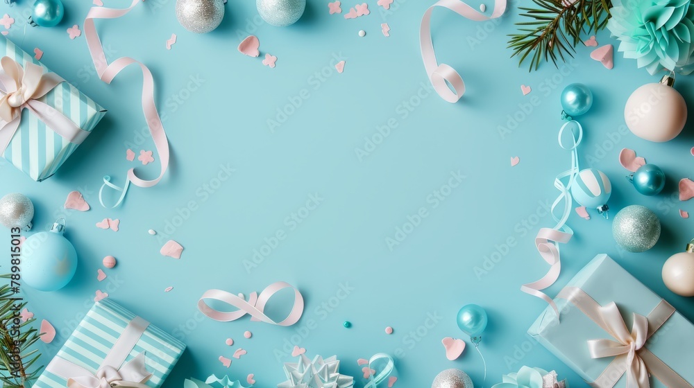 Pastel blue party decor flat lay: elegant border arrangement, top view ...