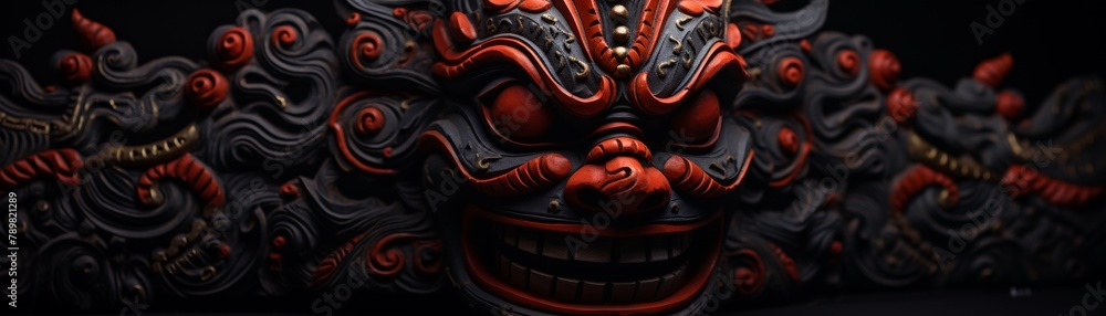 Closeup of a handcrafted demon mask used in traditional ceremonies ...