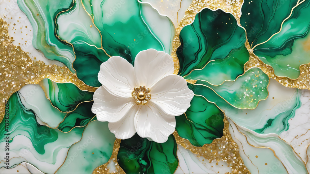 flower marble texture with abstract green, white, glitter and gold ...