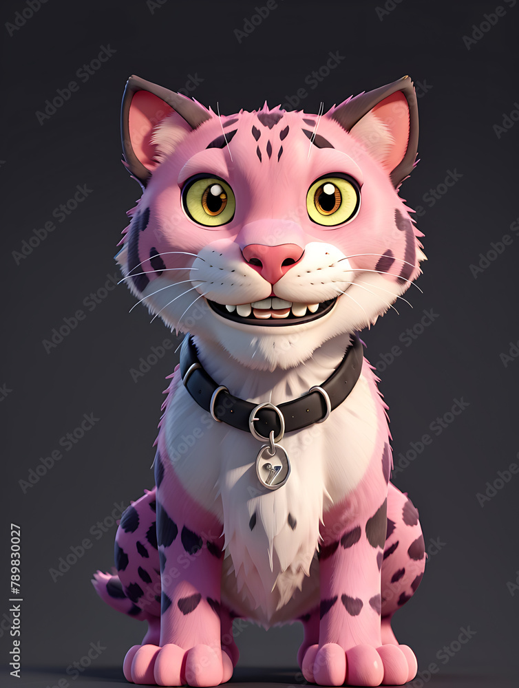 Front view of closeup of a Pink colored Panther on dark black ...