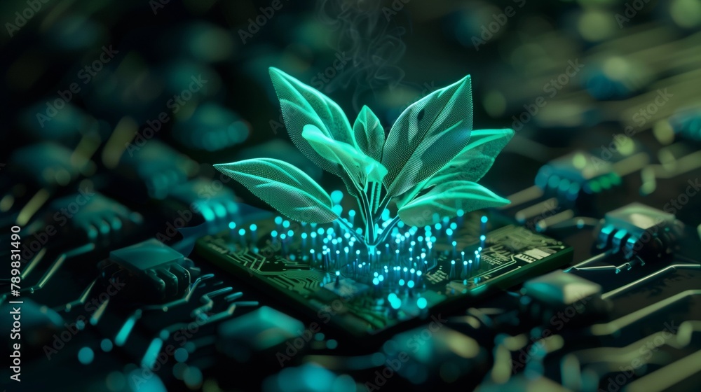 Teal holographic plant growing on a computer chip - Next-Gen Hybrid ...