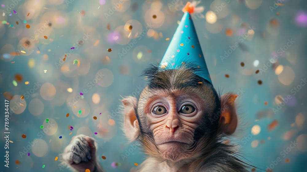 A little monkey wears a birthday hat to celebrate children's birthdays ...
