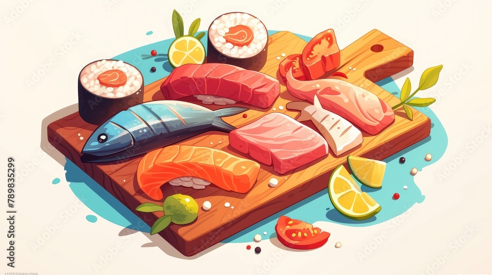 A cartoon 2d illustration showcases a selection of fresh seafood and ...