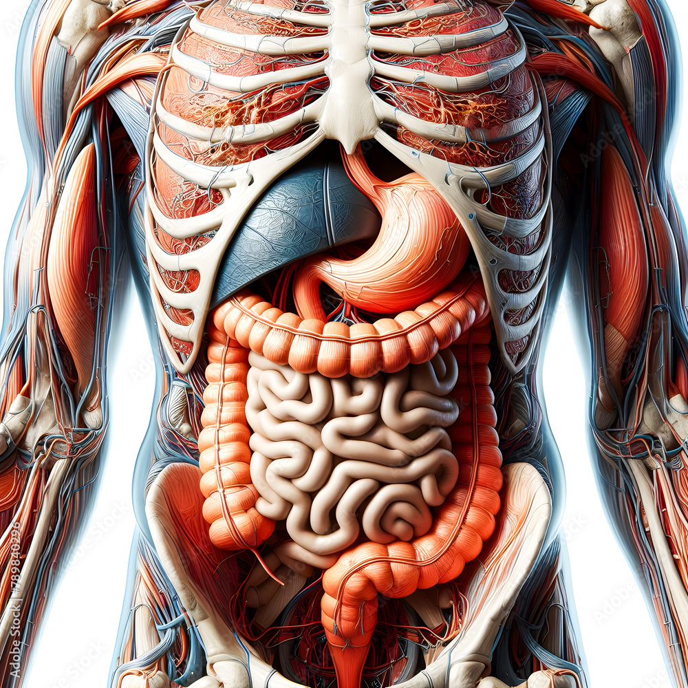 The illustration shows the anatomical structure of the human digestive ...