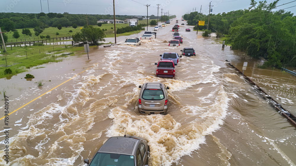 Vehicles navigate a partially submerged road alongside a river ...