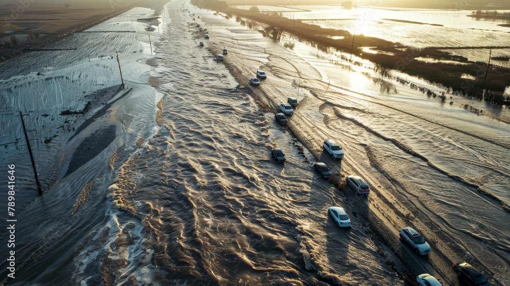 Vehicles navigate a partially submerged road alongside a river ...