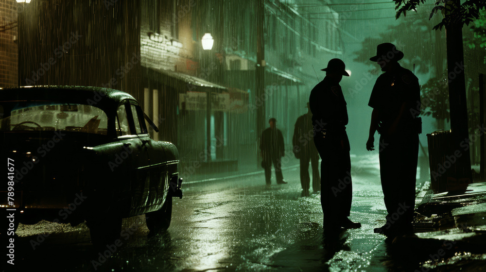 Three police officers patrol the wet, reflective streets in the rain at ...