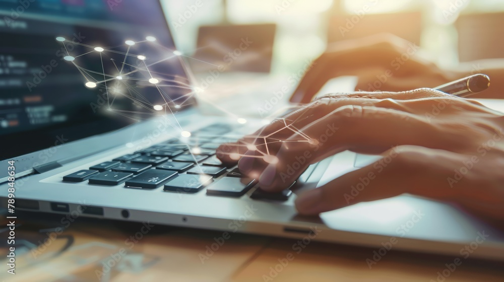 Communication network concept, businessman using laptop with overlay ...