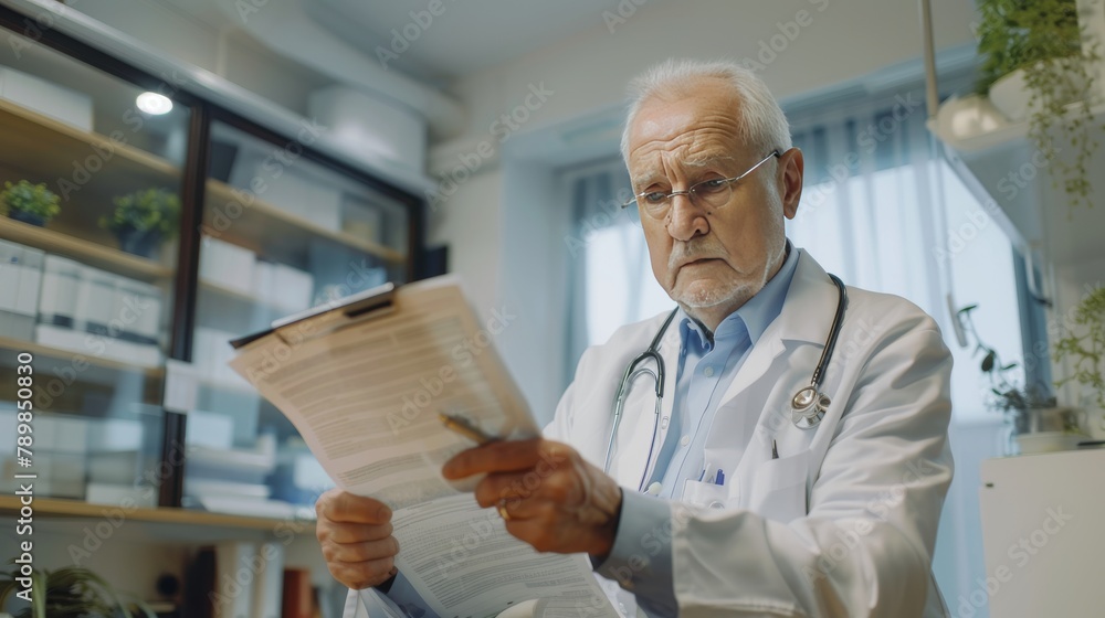 Serious professional senior elderly doctor doing paperwork checking ...