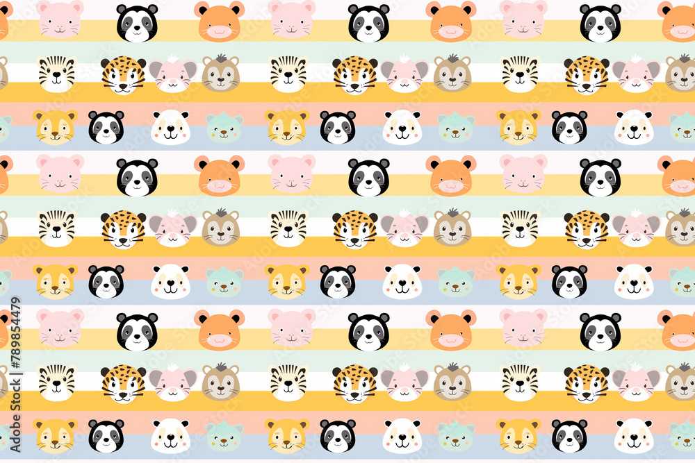 Cute animal faces on striped background. Child-friendly animal faces in ...