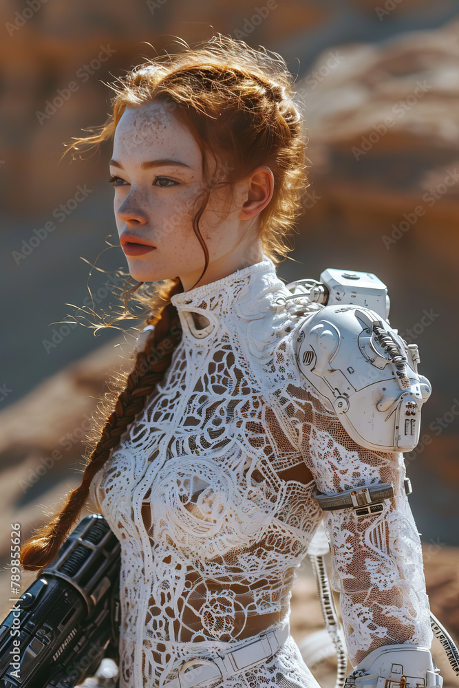 Desert Cyborg: A Futuristic Femme Fatale Amidst Rocky Terrain Stock ...