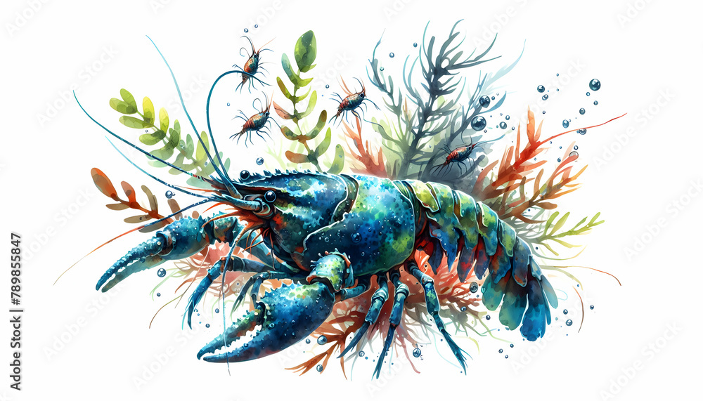 Vibrant Watercolor Hand Drawing of Aquatic Antennae: A Crayfish Emerges ...
