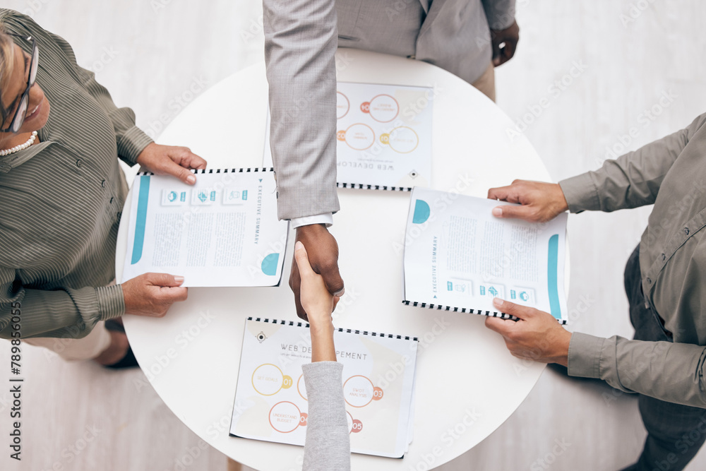 Teamwork, paperwork or business people shaking hands in meeting, b2b ...