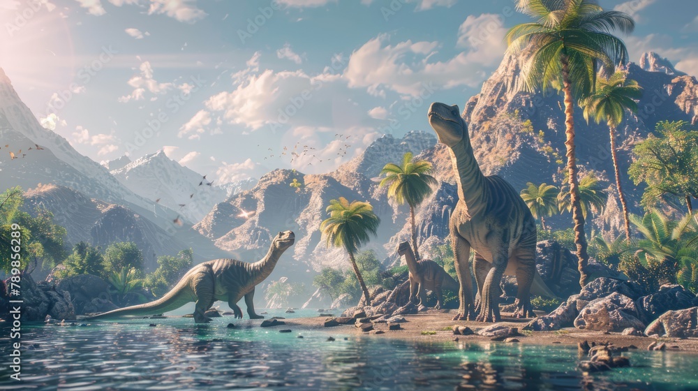 AI-generated majestic dinosaurs in a prehistoric landscape ...