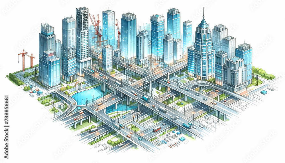 Watercolor Hand Drawing of Urban Blueprint: City Structure Aligns with ...