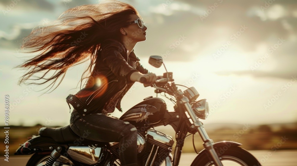 Women with loose hair riding a motorcycle with their head thrown back ...