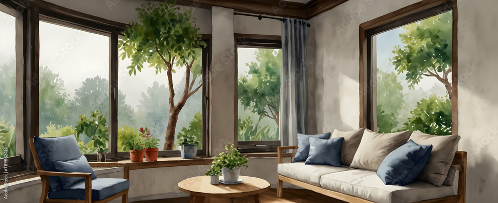 Watercolor hand drawing of a cozy nook in nature with a window seat and ...