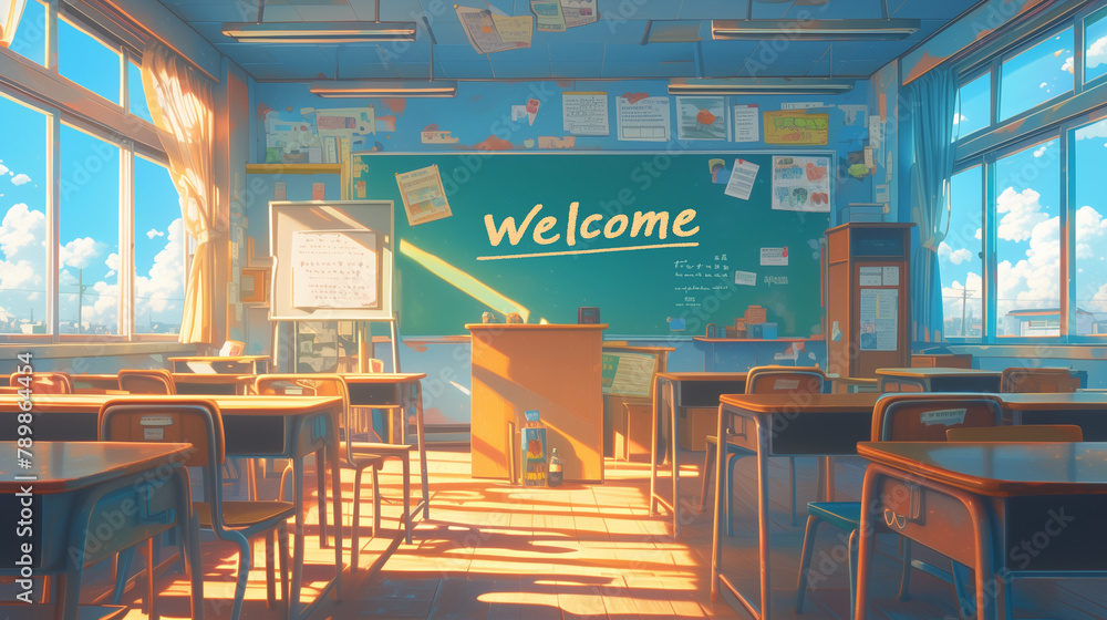 anime illustration of a classroom, high school classroom, anime ...