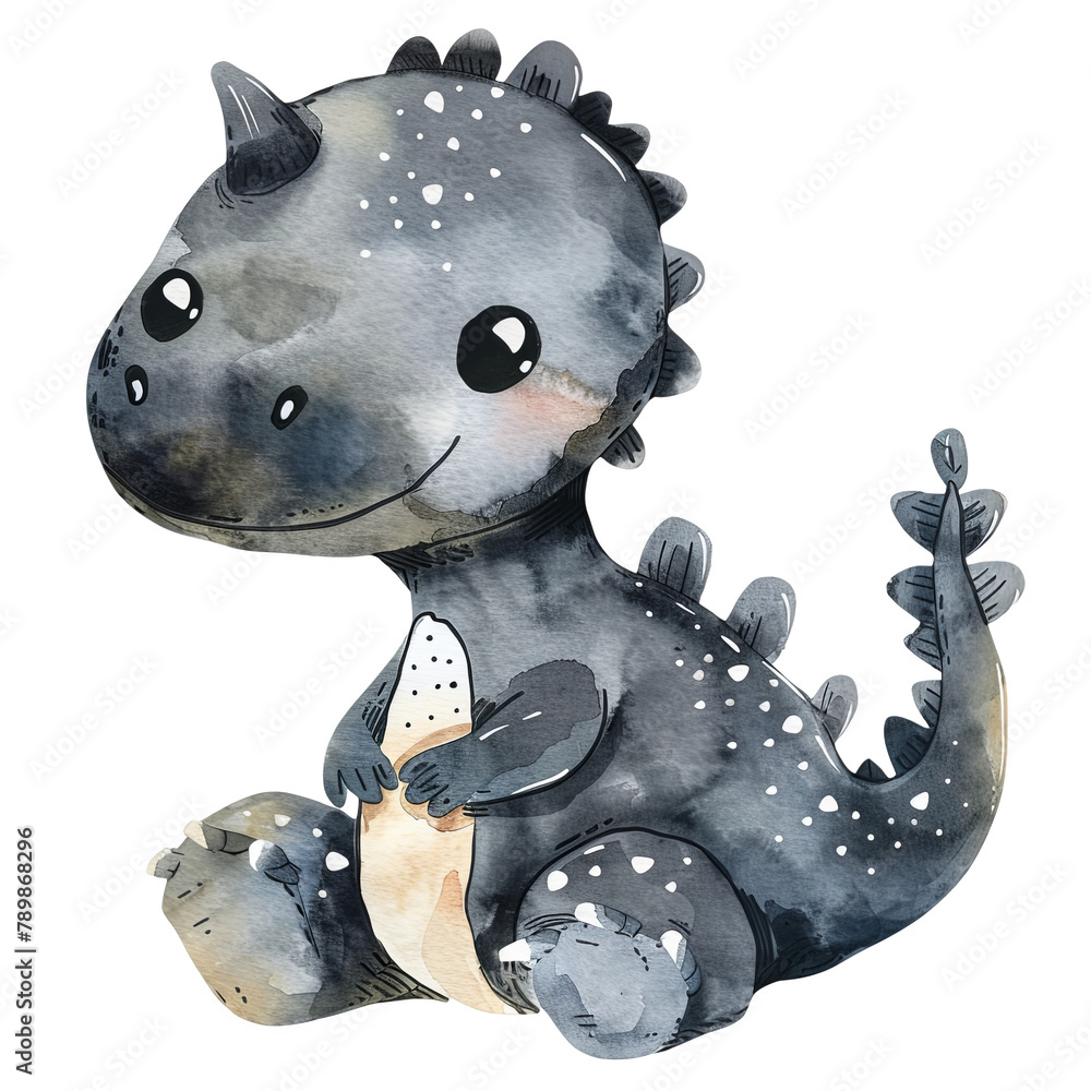 Cute baby black dinosaur watercolor clipart illustration isolated on ...
