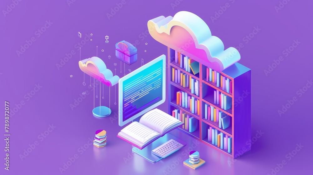 The virtual cloud shelf isometric illustration with books, server, and ...