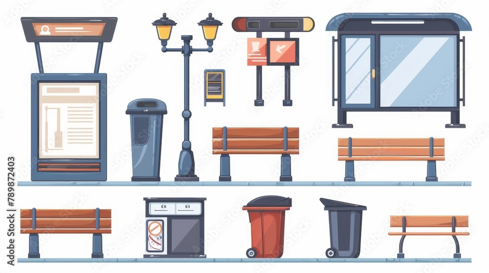 Isolated on white background, a city bus stop with bench and schedule ...