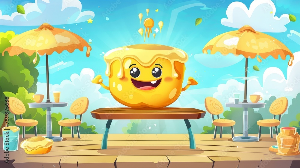 An illustration of a happy patty character on a wooden counter on a ...