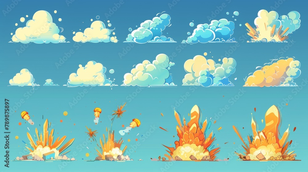 A cartoon explosion sprite sheet and sequence frame for a game UI ...