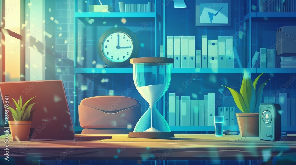 With hourglass, calendar, clock icons on the background of an office ...