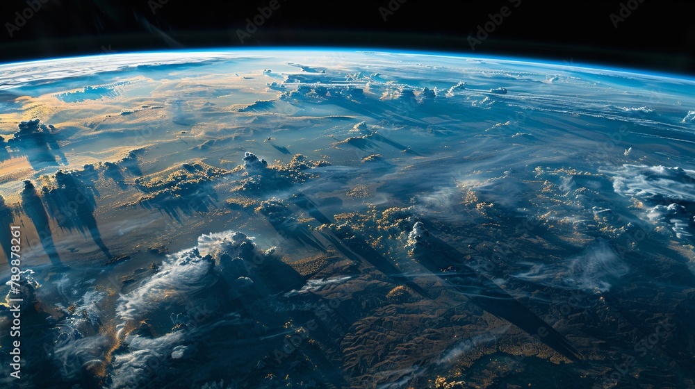 A panoramic view of the Earth from space, the thin blue line of ...