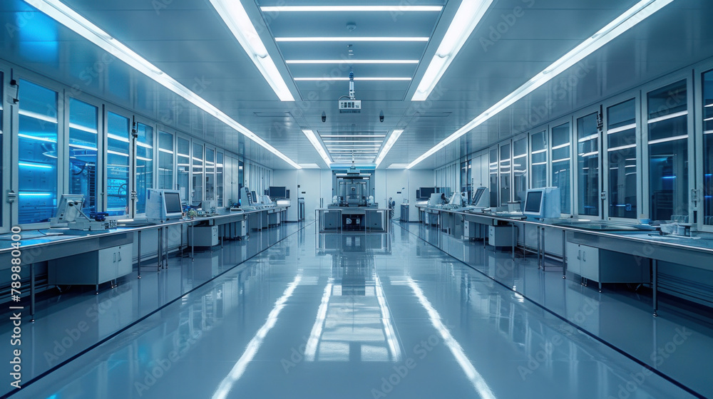 advanced semiconductor production fab cleanroom with a working overhead ...