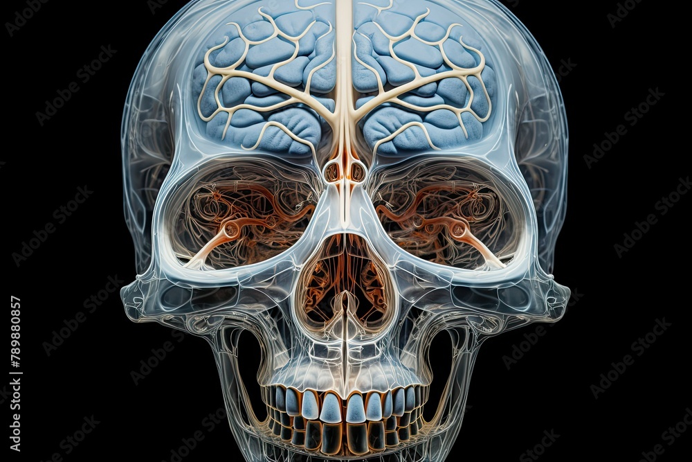 A human skull with a cross section revealing internal structures ...