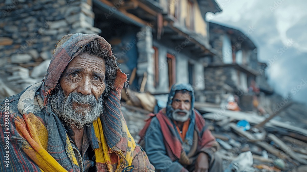 In front of homes that have been damaged by an earthquake or a military ...