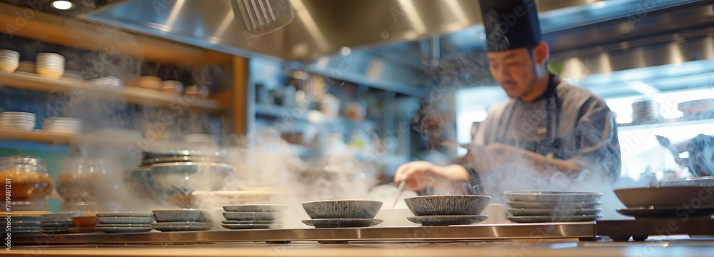 The Blur chef, who is cooking at the kitchen counter, serves customers ...