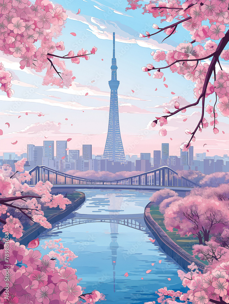 Tokyo area infographic, top view, spring and cherry blossoms,blue sky ...