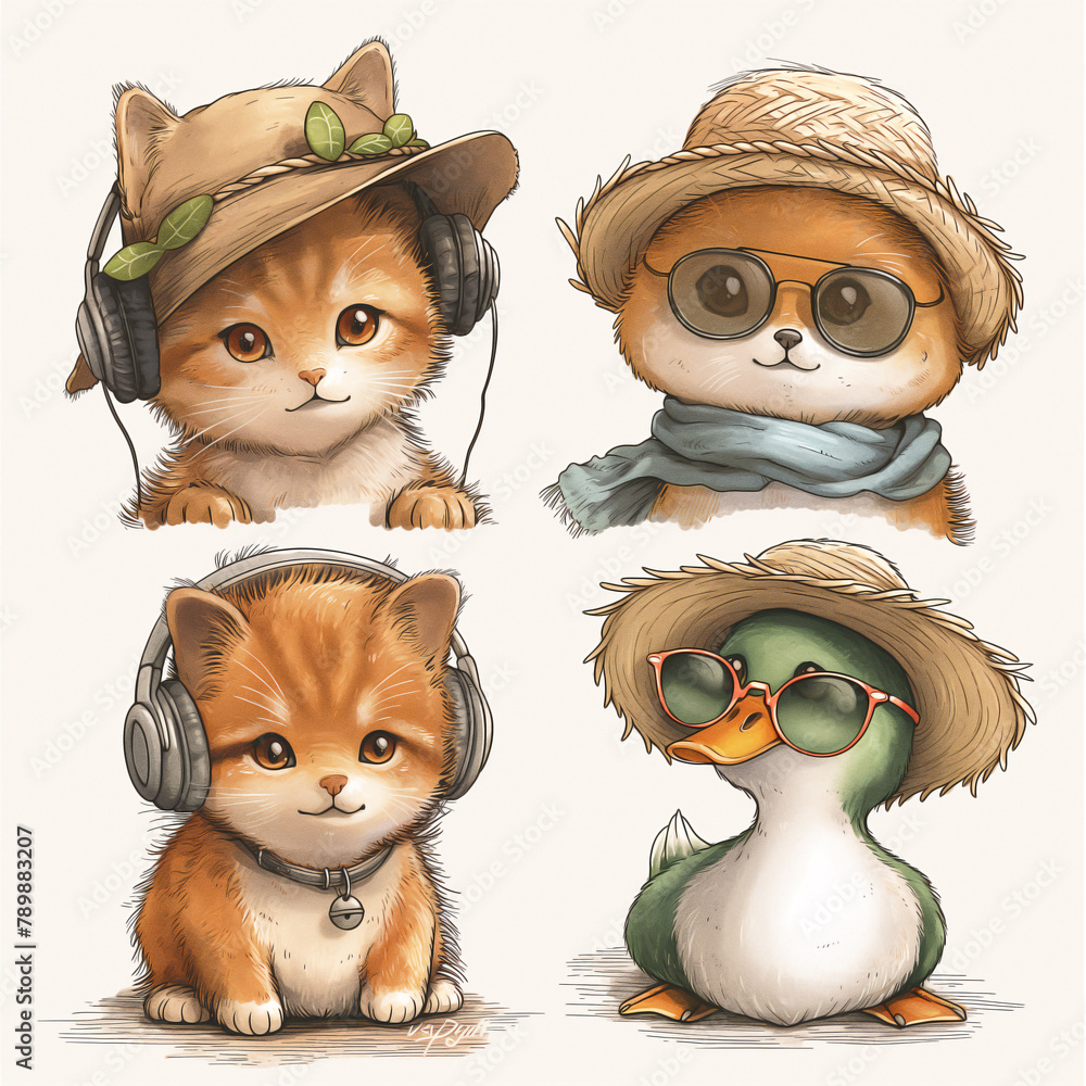 Chibi animal, hand drawn poster,4 Sticker set with outline,cat wearing ...