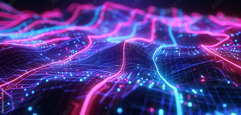 Glowing neon circuits intertwined with vibrant low poly data streams ...