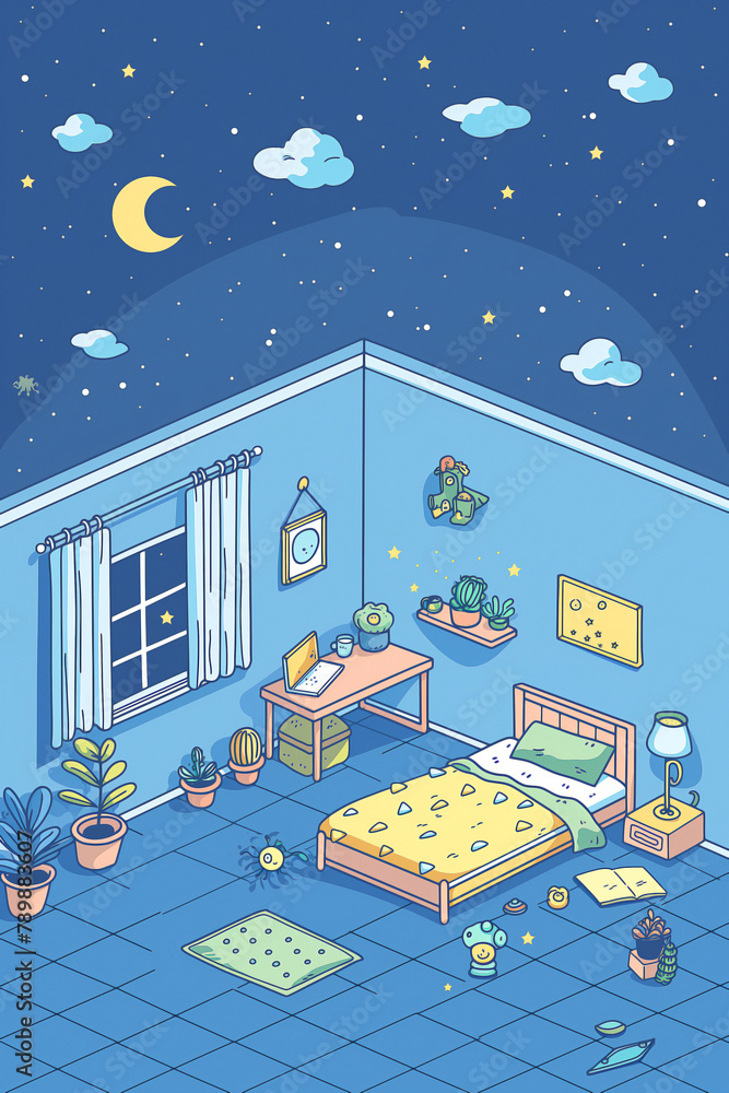 Cute isometric room, cute Deep blue color palette, cute kawaii style ...