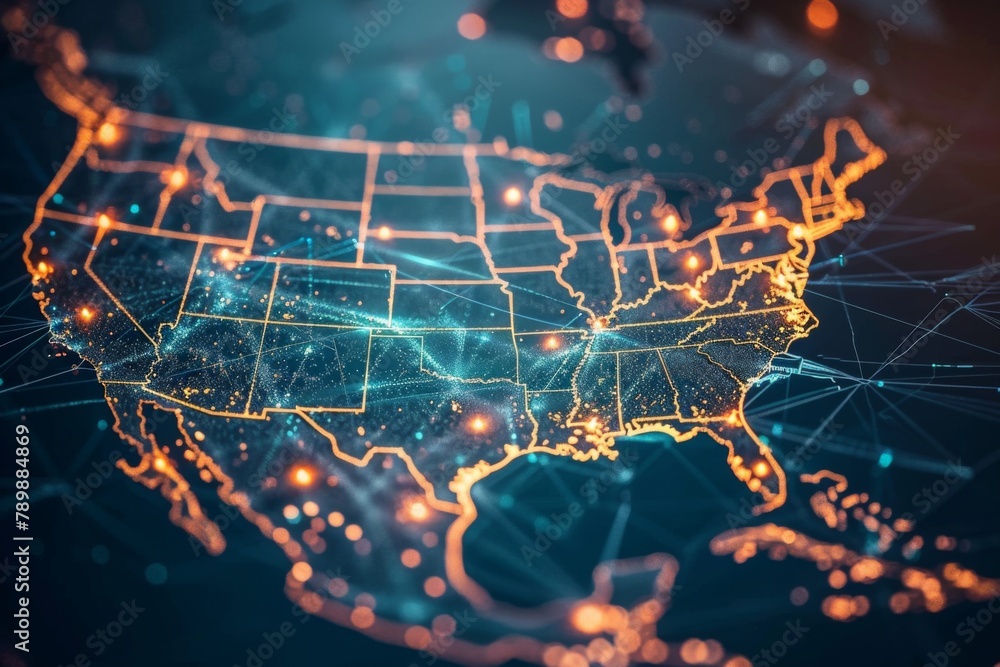 Digital Map of USA with Network Connection created with generative AI ...