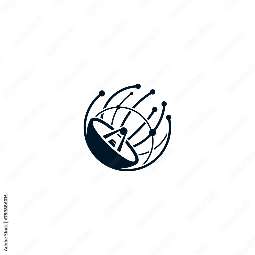 Telecommunication engineering, satellite dish and radio waves, logo ...