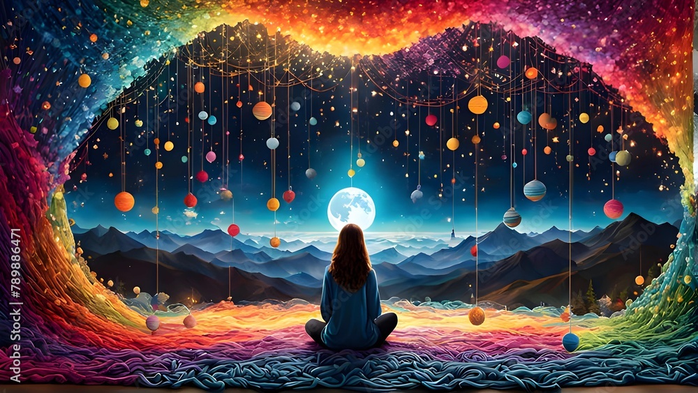 Imagine a person sitting amidst a tapestry of thoughts and dreams ...