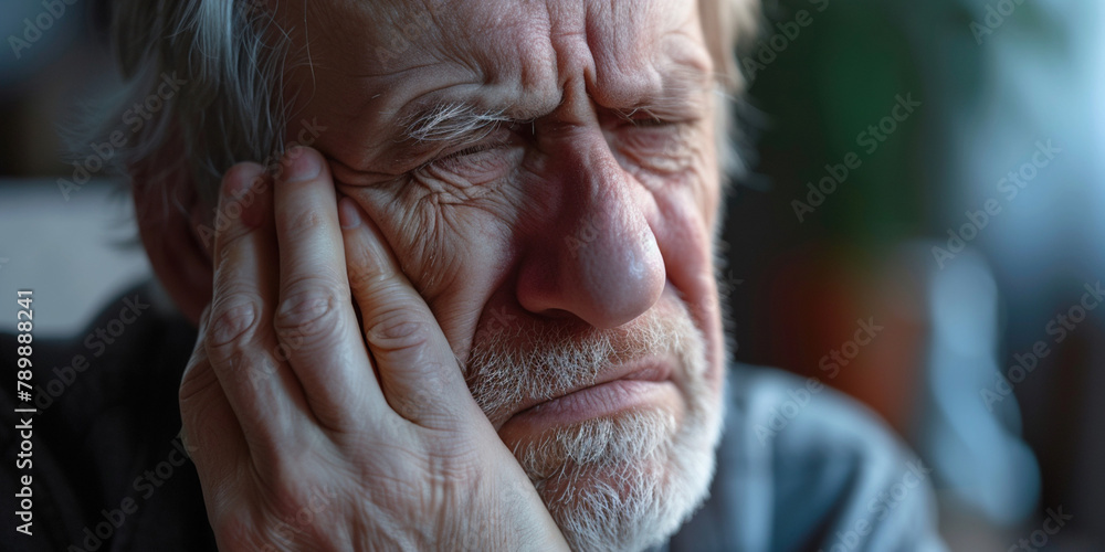 Old man suffers acute toothache, periodontal disease, cavities or jaw ...