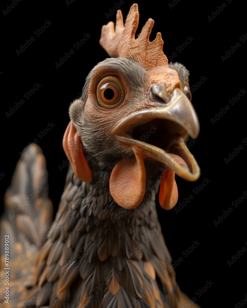 A realistic of a chicken's face with its beak open and eyes wide in ...