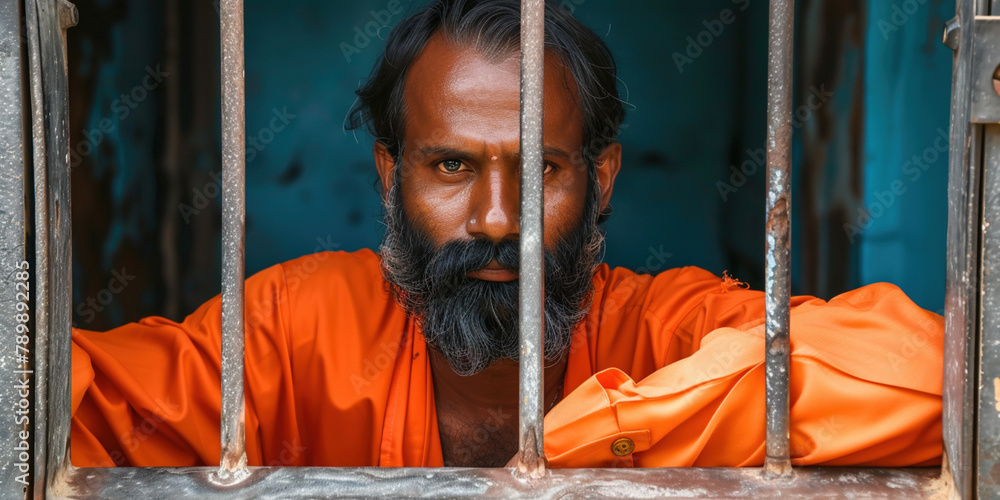 Indian adult mature criminal behind bars in prison. Prisoner sit look ...