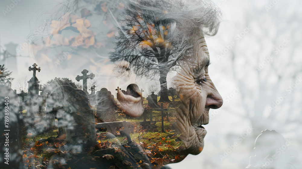 Old person thinking about death concept image with a portrait of a ...